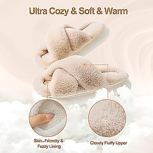 SOSUSHOE Womens Slippers Fluffy Slippers Ultra Comfy Open Toe House Slippers Memory Foam Non-slip Indoor Outdoor Slippers Fuzzy Slippers Soft Thick Sole,Khaki