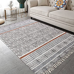 Casavani Hand Block Printed Tassels Throw Rugs Brown, Black Geometric Area Rug Doormat Floor Rug Indoor Area Rugs for Bedroom Living Room Laundry Room 3x10 Feet Runner