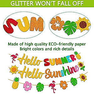 Hello Summer Hello Sunshine Banner for Summer Hawaiian Tropical Flamingo Pineapple Sunflower Beach Theme Holiday Happy Birthday Wedding Bachelorette Engagement Bridal Shower Party Supplies Glitter Decorations