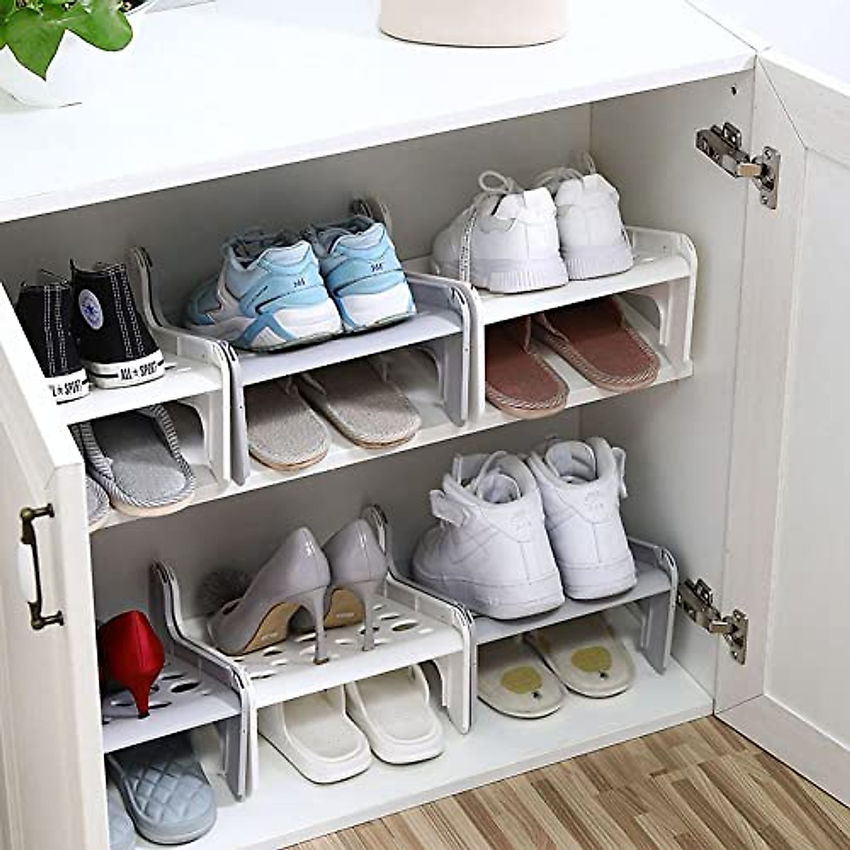 Shoe Slots Organizer, Stackable Shoe Rack, Space Saver for Closet, Double Deck Shoe Holder Shelves for Home and Office Organization, Grey, 2 Pack