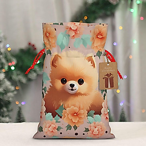BTCOWZRV Pomeranians Cartoon Flowers Christmas Gift Bag with Drawstring Christmas Wrapping Bags Xmas Gift Bags Sack Bags Xmas Package Storage Bag Wrapping Sacks Pouches Xmas Party Holiday Gift Bags