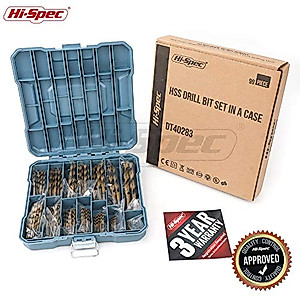 Hi-Spec 99pc SAE HSS Steel Drill Bit Set for Drill Drivers. 1/16 to 3/8" Size Bits for Metal, Plastics, Wood and Drywall. Complete in Storage Holder Case