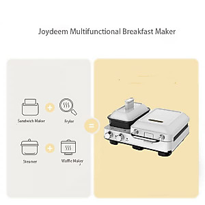 Joydeem 4-in-1 Breakfast Station, Multifunctional Breakfast Maker, Sandwich Maker with Egg Boiler, Panini Press Grill , Waffle Maker & Steamer, 2 Individual Portions, Nonstick,1000W, White