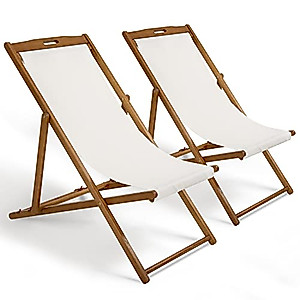 Beach Sling Chair Set of 2, Outdoor Folding Wood Beach Chair with White Polyester Canvas, 3 Level Adjustable Height Patio Lounge Chair