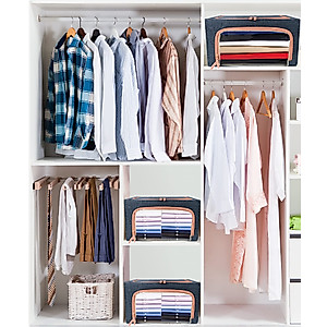 Pranski 2-PACK Clothes Storage Bins Box, Linen Fabric Foldable Cloth Container with Clear Window & Carry Handles Metal Steel Frame - Large Capacity for Closet, Blankets, Toys, Books (Blue, 22L)