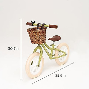 MomnLittle Retro Balance Bike(Green Olive) with Vegan Leather Seat and Handlebar Airless Tires for Ages 3~8 Years Boys Girls