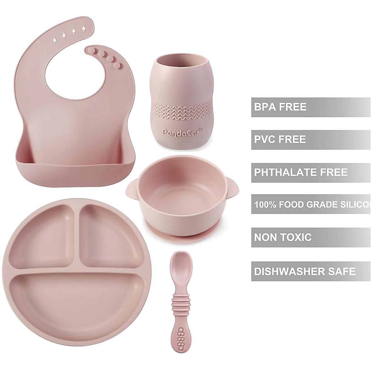 PandaEar Silicone Baby Feeding Set, Baby led Weaning Supplies, Infant Toddler Feeding Set with Silicone Baby Bib, Suction Plate and Bowl Set, Baby Cup, and First Stage Spoon