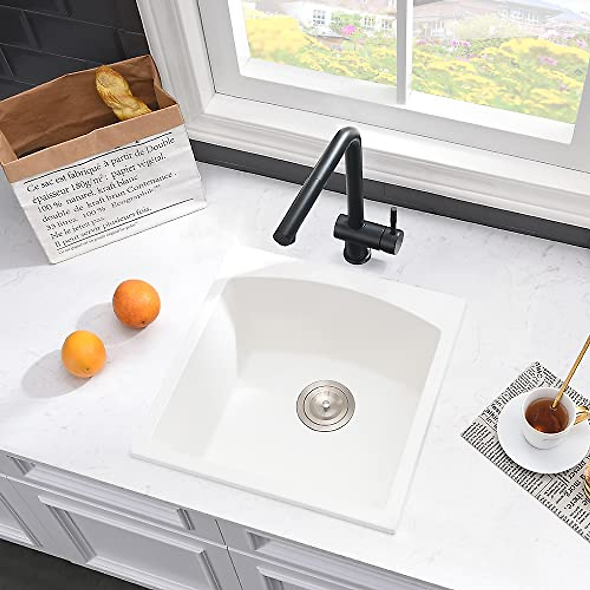 18 Inch Bar Sink Drop In - VASOYO 18"x18" White Drop in Bar Sink Topmount Kitchen Sink Granite Kitchen Sink Single Bowl Rv Kitchen Sink Outdoor Sink with Bottom Grid & Drain