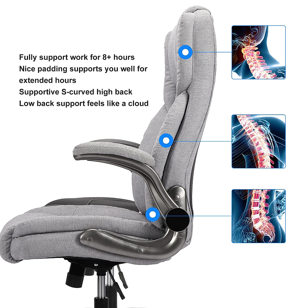 REFICCER Executive Office Chairs with Wheels, Fabric 90-120°Rocking Managerial Chair, Ergonomic High Back Swivel Home Desk Chairs with Flip up Arms and Height Adjustment, (Grey)