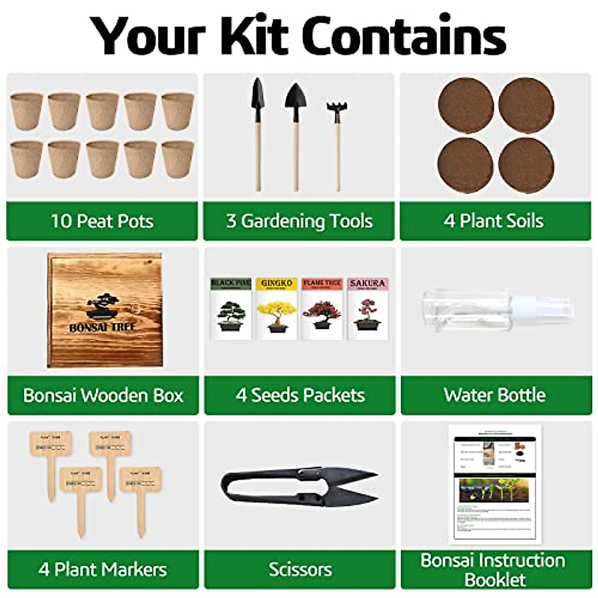 Bonsai Tree Kit, 4 Bonsai Tree Seeds with Complete Growing Kit & Wooden Planter Box, Indoor Bonsai Tree Starter Kit, Great Potted Plants Growing DIY Gift for Adults