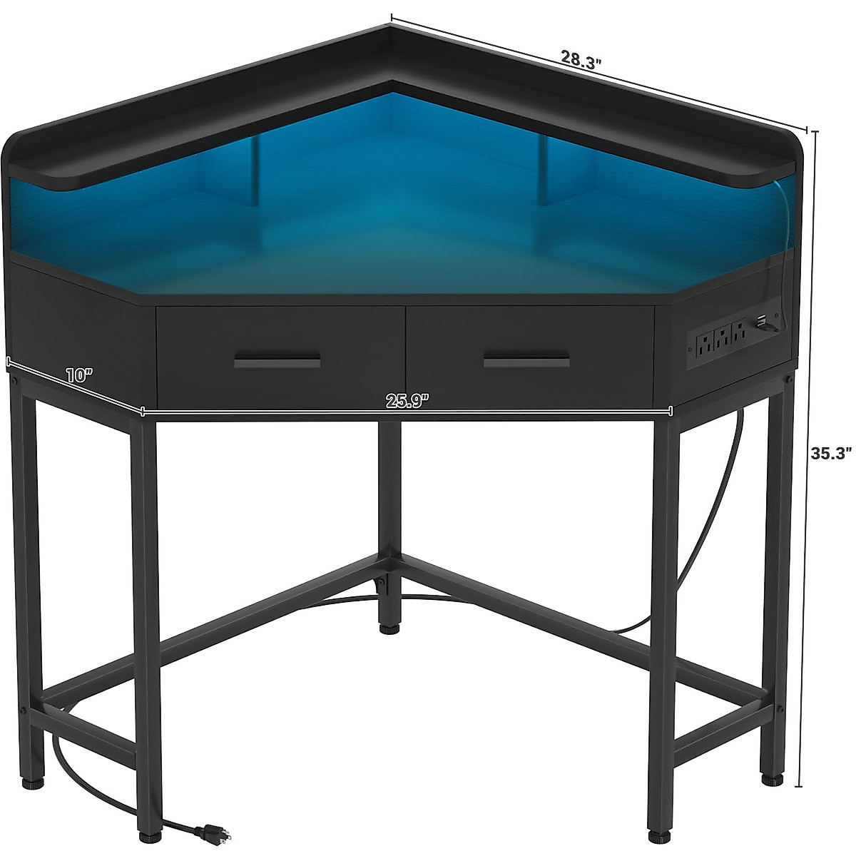 Cyclysio Corner Vanity Desk Without Mirror, Makeup Vanity Table with Lights & Power Outlets, Small Corner Vanity with Drawers for Bedroom,Small Spaces, Black