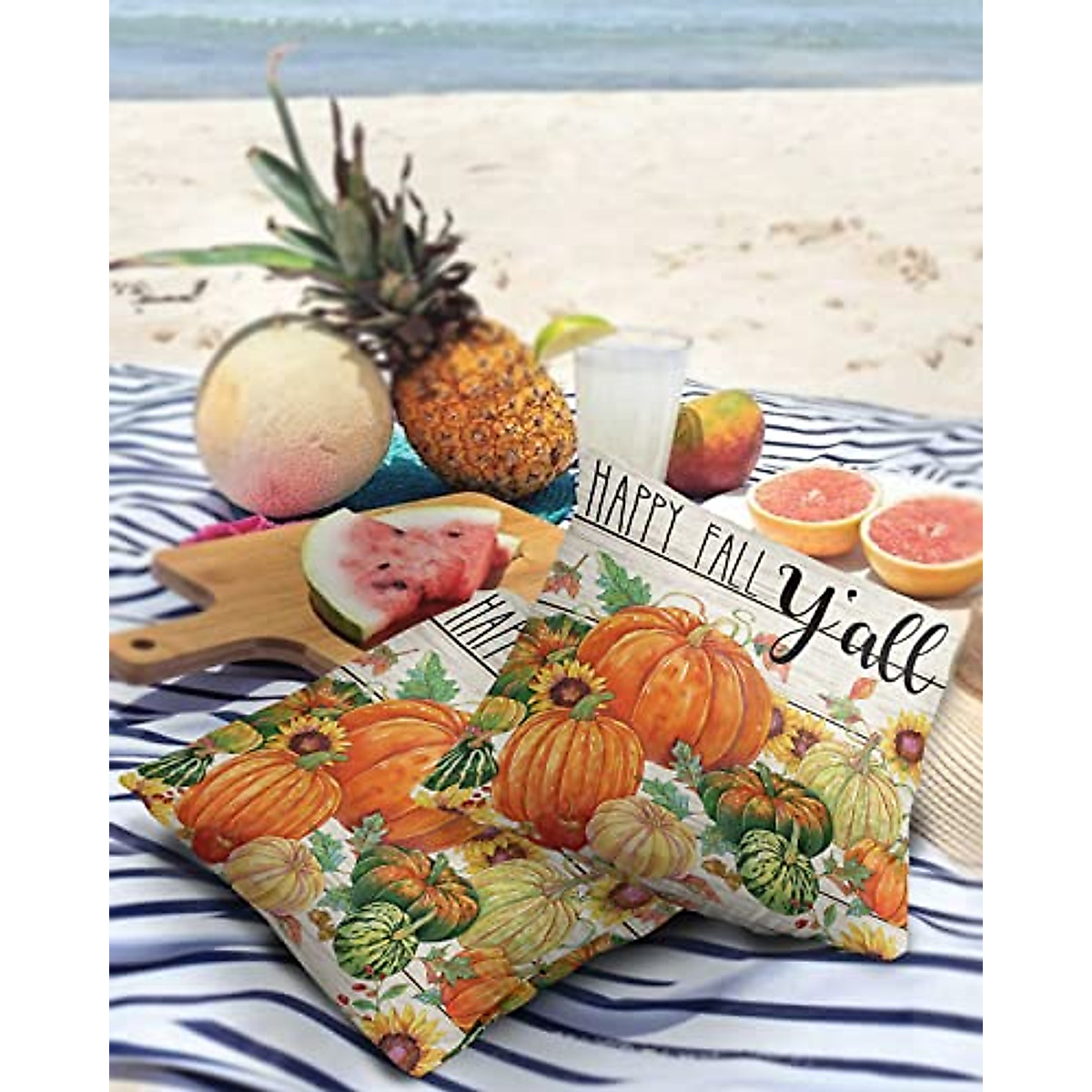 Fall Thanksgiving Pumpkin Outdoor Pillow Cover 16x16 Inch Cushion Sham Case,Happy Autumn All Yall Farmhouse Waterproof Decorative Square Throw Pillowcase for Garden Patio Porch Couch Chair Tent