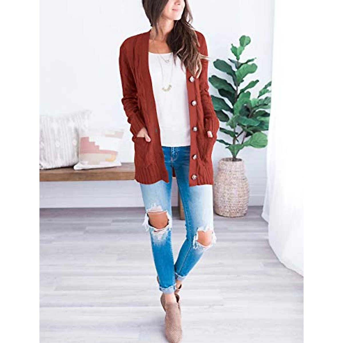 MEROKEETY Women's 2023 Fall Long Sleeve Cable Knit Sweater Open Front Cardigan Button Loose Outerwear Rust