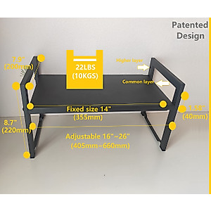 Urhomey plus Expandable Cabinet Shelf 16~26"(L), Stackable Kitchen Counter Shelf Organizer, 22LBS Heavy Duty Shelf Riser, Countertop Storage Pantry Shelf, Durable Metal Sink Shelf (Black)