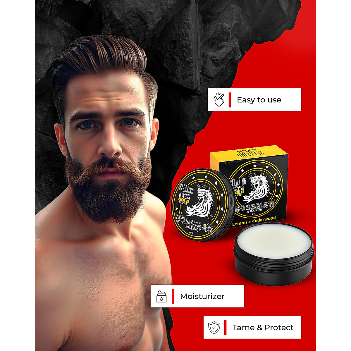 Bossman Relaxing Beard Balm - Beard Tamer, Relaxer, Thickener and Softener Cream - Beard Care Product - Made in USA (Gold Scent)