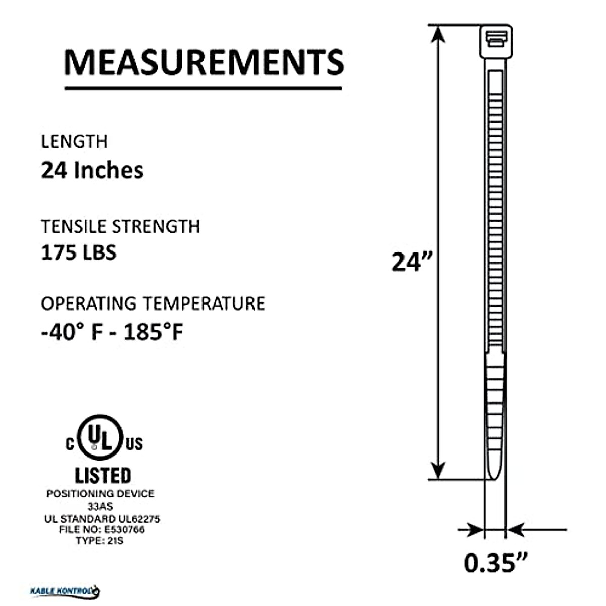 Kable Kontrol Heavy Duty Cable Zip Ties 100 Pcs 24 Inch Black, 175 Lbs Tensile Strength, Self-locking UV Resistant Plastic Nylon Wire Ties, for Indoor or Outdoor Use