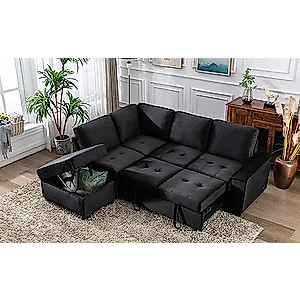 L-Shaped Corner Sleeper Sectional Sofa W/ Pull Out Cozy Sleep Couch Bed, Modern Practical Sectional & Sofa with Storage Ottoman ,Hidden Arm Storage and USB Charge for Home Apartment Living Room Sets