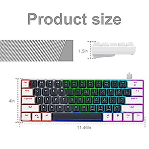RAZEAK Portable 60 Percent Keyboard, Compact 61 Keys Mini Mechanical Keyboard for PC/Mac Gamer Switchable Colorful Backlit - Blue Switch - White+Black