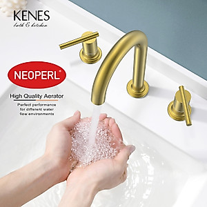 KENES Brushed Gold Two Handle 8 Inch Widespread Bathroom Sink Faucet, Gold High Arc Lavatory Vanity Sink Faucet 3 Hole with Pop Up Drain & Water Supply Hoses LJ-9018-4