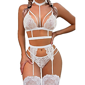 Avidlove Lace Garter Lingerie Set with Removable Choker Teddy Babydoll Strappy Bra and Panty Set (No Stockings), White, Medium
