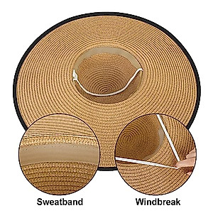 Womens Sun Hat UV Protection Wide Brim Beach Hat Floppy Foldable Roll-Up Straw Hats for Women UPF 50, E Khaki&Black