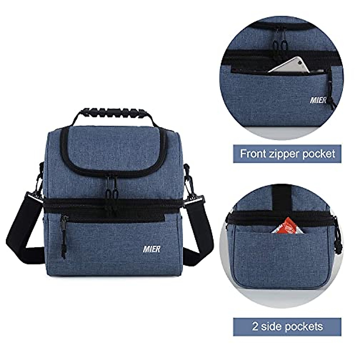 MIER 2 Compartment Lunch Bag for Men Women, Leakproof Insulated Cooler Bag for Work, School, (Bluesteel and Black)