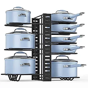 Felibeaco Adjustable Pots and Pans Organizer Rack for Cabinet, Metal Pans Pots Lids Storage Holder Rack under Cabinet with 3 DIY Methods, Pot Rack with 8 Tiers for Kitchen,Counter,Black,