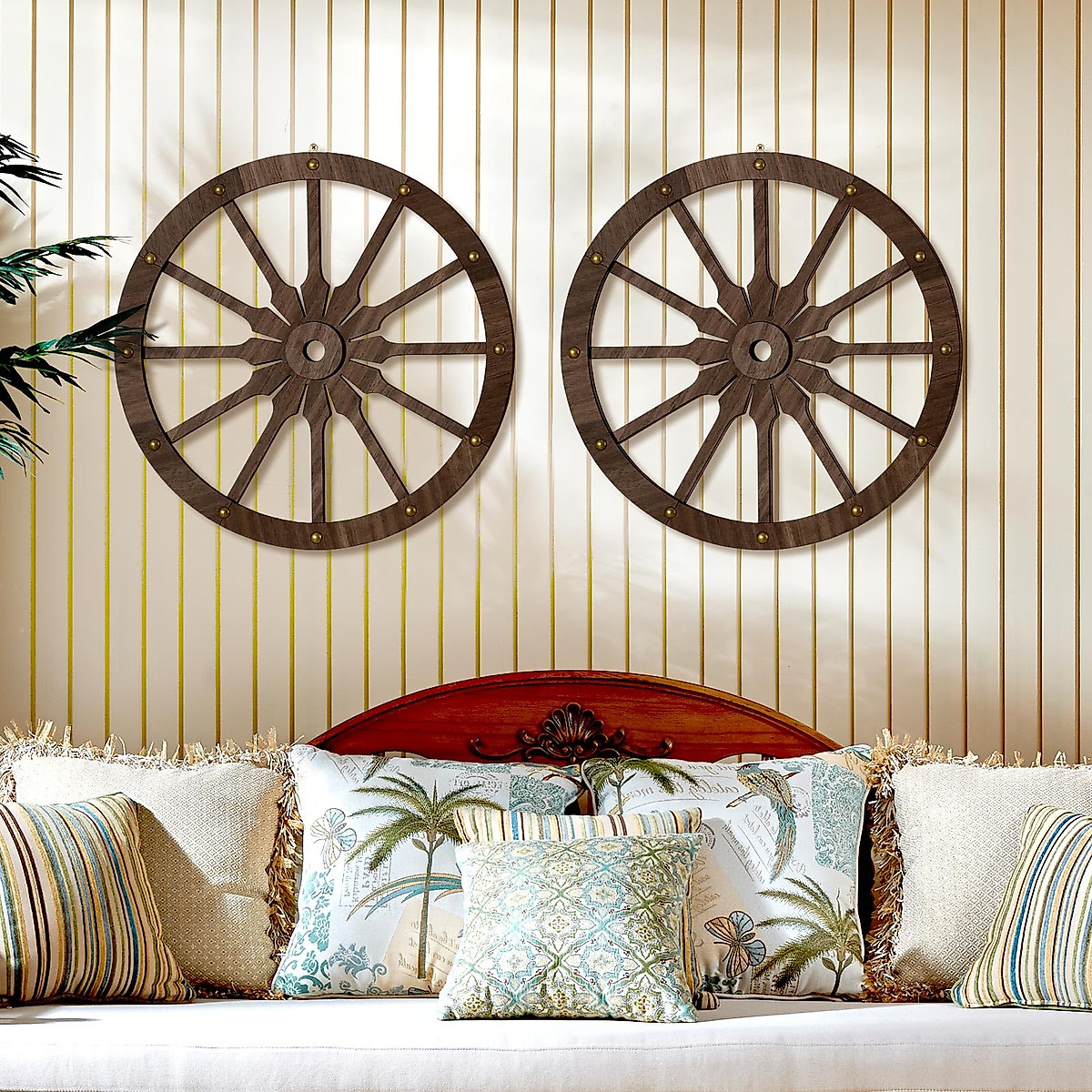 2 Pcs 12 in Farmhouse Rustic Wagon Wheel Wooden Decoration Western Cowboy Style Home Decorations with Metal Hooks 3D Structure Style (Brown 3D)