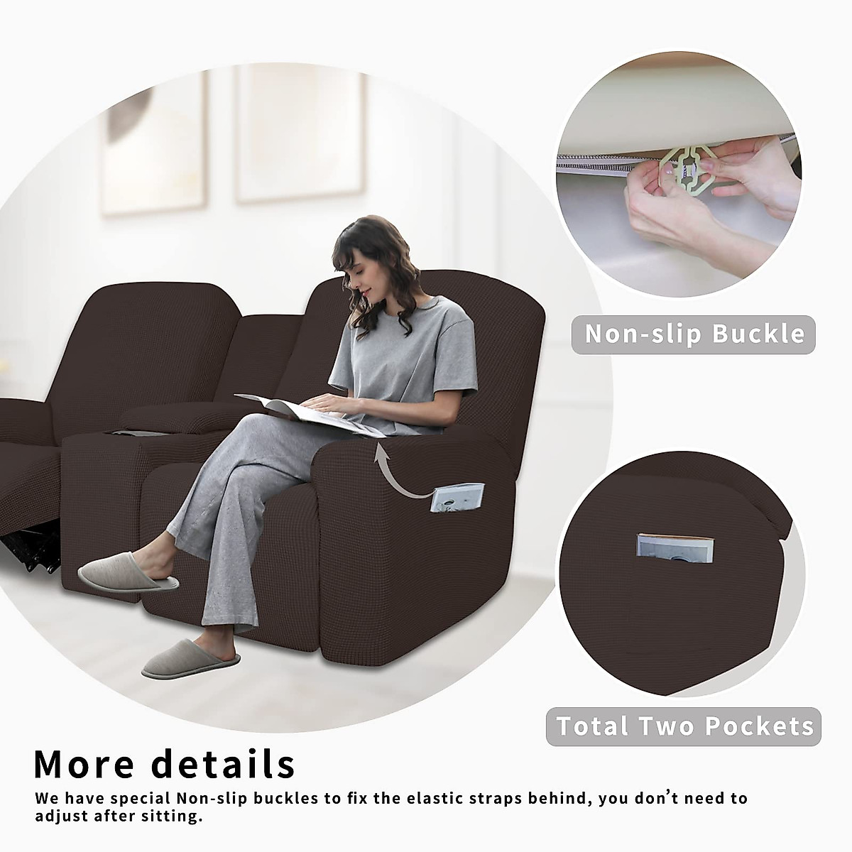 Easy-Going 1 Piece Stretch Reclining Loveseat with Middle Console Slipcover, 2 Seater Loveseat Recliner Cover with Holder and Storage, Recliner Couch Sofa Cover, Furniture Protector Chocolate