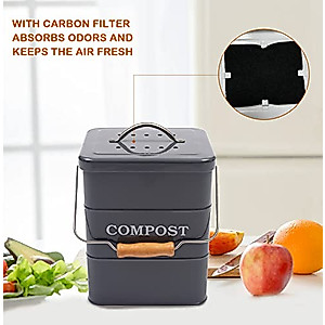 Compost Bin Kitchen Countertop Indoor Compost Pail Bucket, Great for Food Scraps, Carbon Steel, Handles, Gray, 1 Gallon - Includes Charcoal Filter