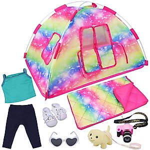 ZITA ELEMENT 7 Items Fashion Doll Camping Tent Set for 18 Inch Girl Doll Accessories - Including 18 Inch Doll Camping Tent, Sleeping Bag, Clothes Set, Shoes, Camera, EYE Glasses and Toy Dog