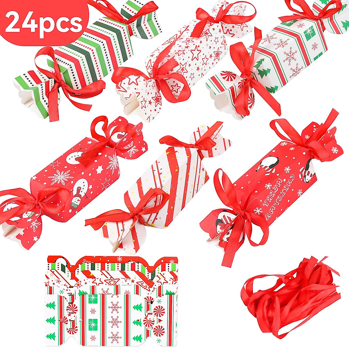 STEFORD Christmas Candy Paper Gift Boxes, 24PCS Christmas Candy Gift Treat Bags with Red Ribbon for Xmas Party Supplies