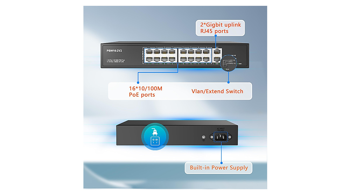 Real HD 16 Port PoE Switch, High Power 300W, 16 PoE+ 100Mbps Ports with 2 Gigabit Uplink ...