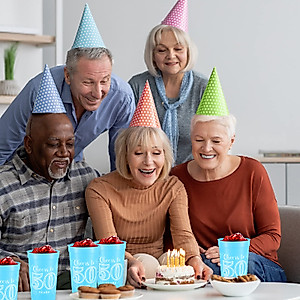 Roshtia 40 Pcs Summer 50th Birthday Cups Cheers to 50 Years Plastic Stadium Cups 16 oz Blue White Party Cups for Birthday Decorations Party Favors Supplies Wedding Anniversary