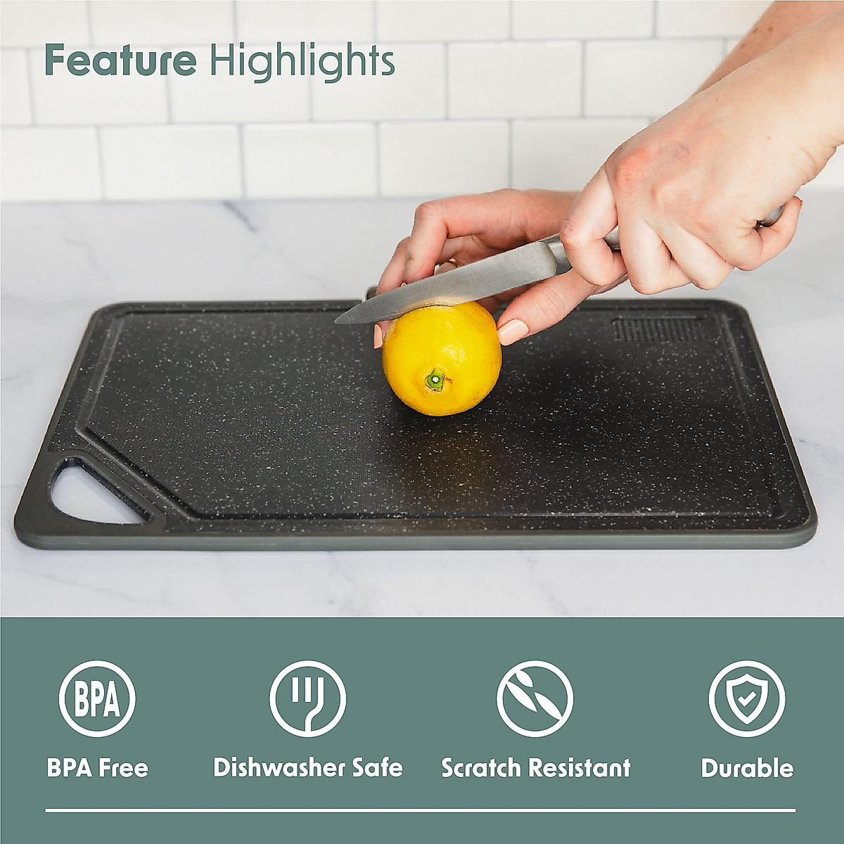 3-in-1, 2-Pack Cutting Board Set - Built-In Knife Sharpener, Garlic Grinder, Handle and Juice Groove for Meat and More | Wheat Straw, Dishwasher Safe Cutting Boards by Auvi