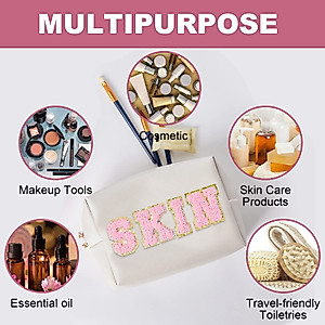 Burskit Preppy Patch Skincare Bags Travel Makeup Bag Varsity Letter Cosmetic Toiletry Cute Bag for Teen Girls PU Leather Portable Zipper Pouch Storage Purse Waterproof Organizer (Shell Gold)