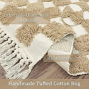 Lahome Checkered Boho Rug for Bedroom, 3x5 Entry Rug Washable Cotton Area Rug Indoor Bath Door Mats with Tassels, Farmhouse Kitchen Rugs Non-Shedding Cotton Area Rug for Entryway Dorm, Khaki