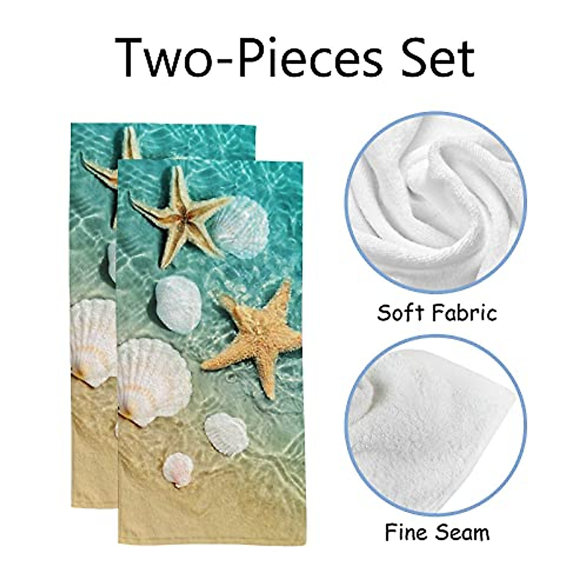 My Daily Seashells Starfish Hand Towel Set of 2, Beach Nautical Face Towel Thin Washcloths 30x15 inch, Portable Absorbent Soft Towels for Gym Yoga Spa Bathroom Decor