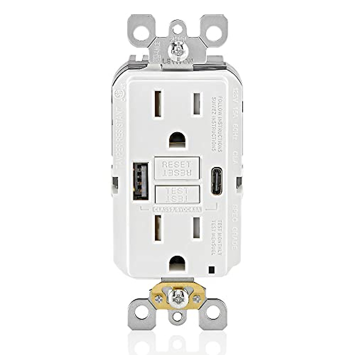 Leviton GUAC1-W 15A SmartlockPro Self-Test GFCI Combination 24W(4.8A) Type A/C USB in-Wall Charger Outlet, White