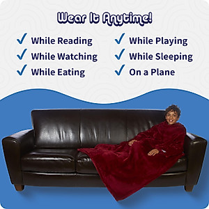 Slanket Kids Wearable Blanket with Sleeves - The Ultimate Kids Oversized Fleece Blanket with Foot Pocket - Lightweight, Plush, & Soft Plus Sized Wearable Blanket for Kids - 44”W x 60”L, Ruby Wine
