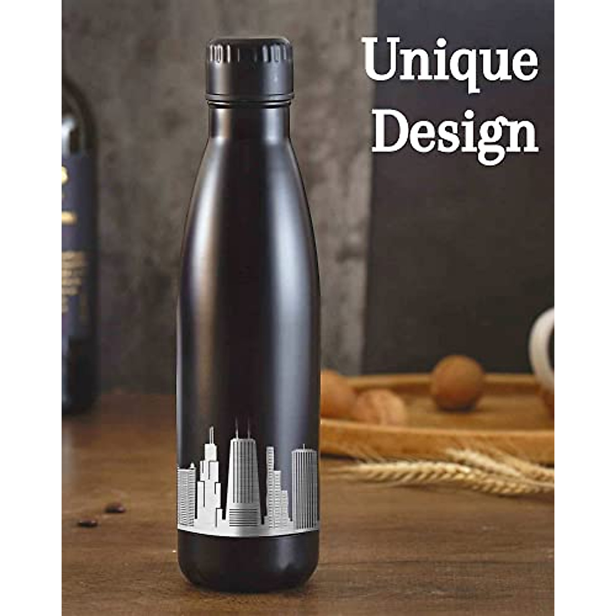 Chicago City Skyline Gifts, Chicago Gifts for Chicago Lovers, Skyline Map 17oz/500ml Stainless Steel Insulated Water Bottle, Perfect for Birthday & Christmas
