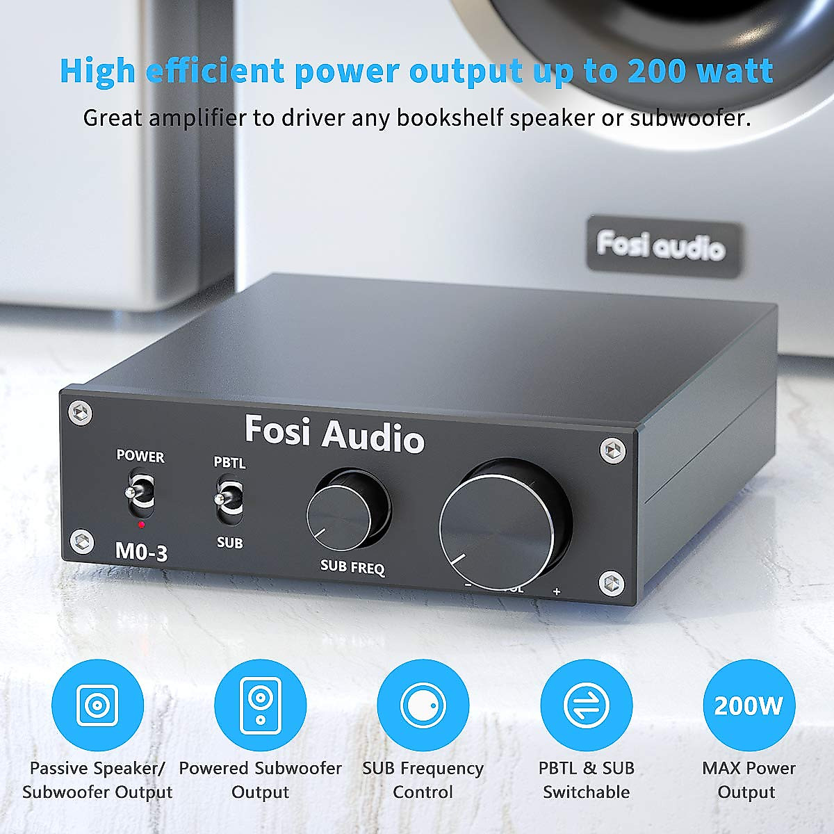 Fosi Audio M03 200 Watt TPA3255 Subwoofer Amplifier Mini Mono Channel Audio Power Amp for Home Theater Full-Frequency and SUB Bass Switchable with 32V/5A Power Supply