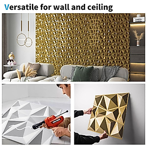 Art3d 3D Diamond Design Paneling for Interior Decor, Living Room, TV Wall Background, Bedroom, Gaming Setup, 11.8" x 11.8", Gold, 33 Pack