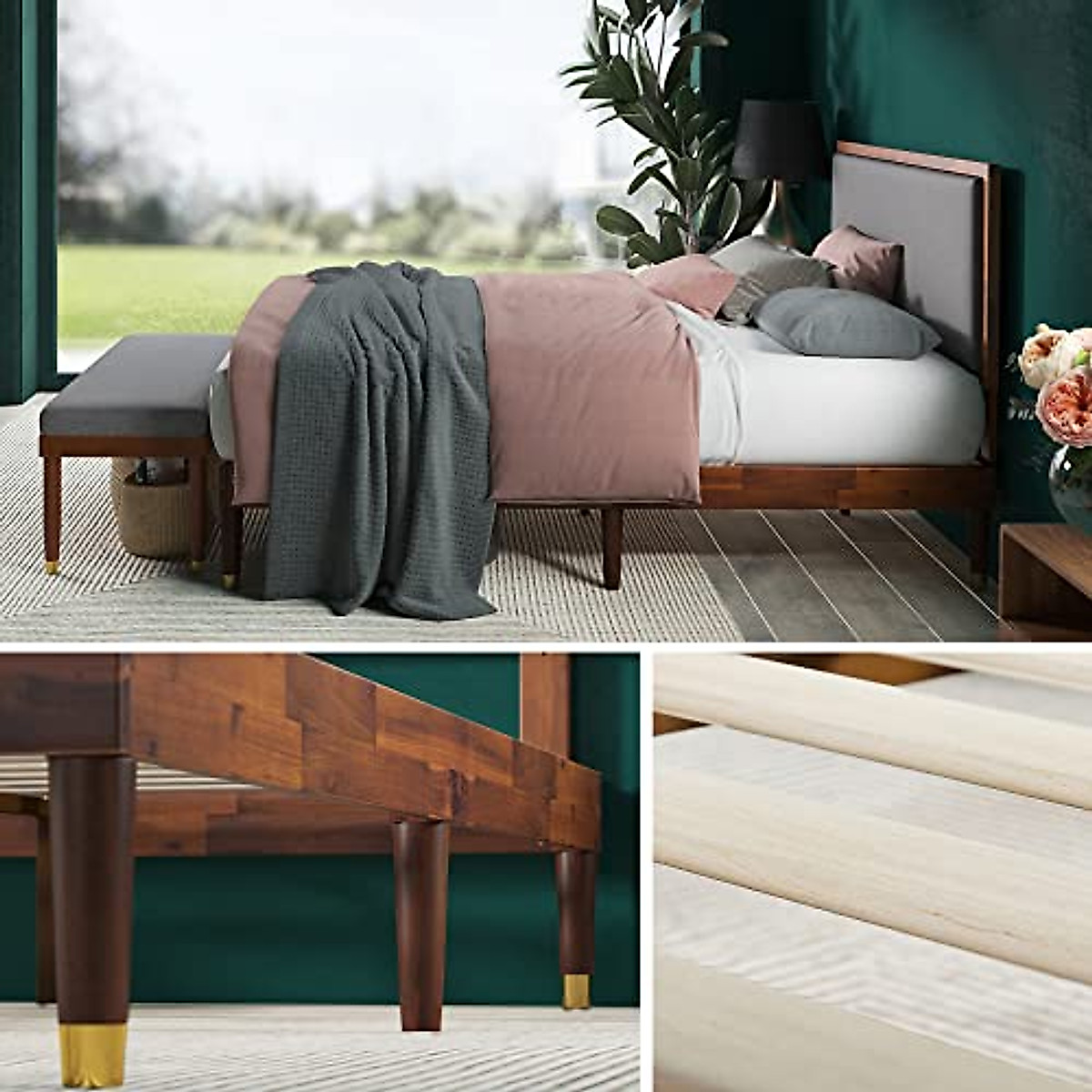 ZINUS Raymond Wood Platform Bed Frame with Adjustable Upholstered Headboard / Solid Wood Foundation / Wood Slat Support / No Box Spring Needed / Easy Assembly, Queen