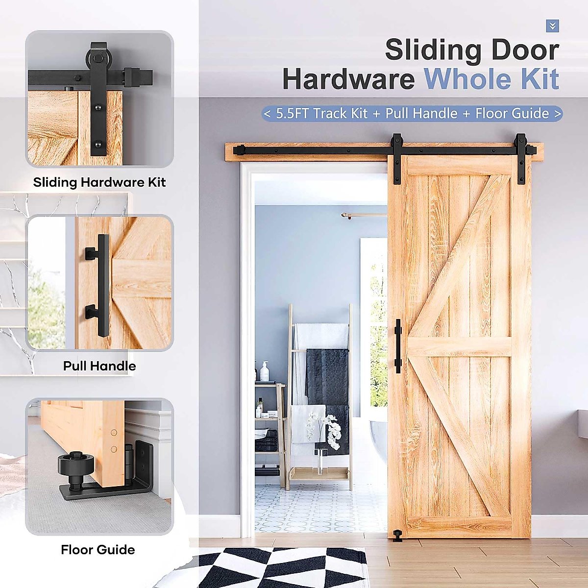EaseLife 5.5 FT Sliding Barn Door Track and Handle Hardware Kit,Heavy Duty,Basic J Pulley,Slide Smoothly Quietly,Easy Install (5.5FT Track Kit for 30"~33" Wide Single Door)