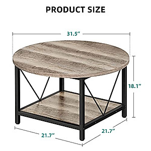 YITAHOME Round Coffee Table,Rustic Wood Coffee Tables for Living Room with Storage Shelf, Modern Farmhouse Circle Coffee Table Center Sofa Table with Sturdy Metal Legs Home Furniture, Grey Wash