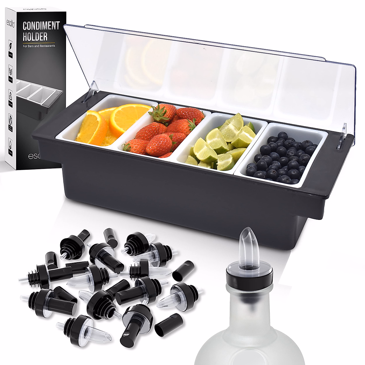 Esatto Bar Products Condiment Holder for Serving Container Chilled Garnish Tray with Lid for Bar Caddy, 4-1 Pint Inserts, With Added 12 Liquor Bottle Pourers, and 12 Pourer Covers - Black