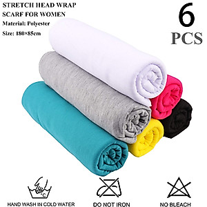 6 Pieces Head Wraps Scarf Long Turban Stretch Jersey Ultra Soft Urban Knit Hair Scarfs Solid Color African Headbands Tie Breathable Headwrap Fashion Shawls for Women