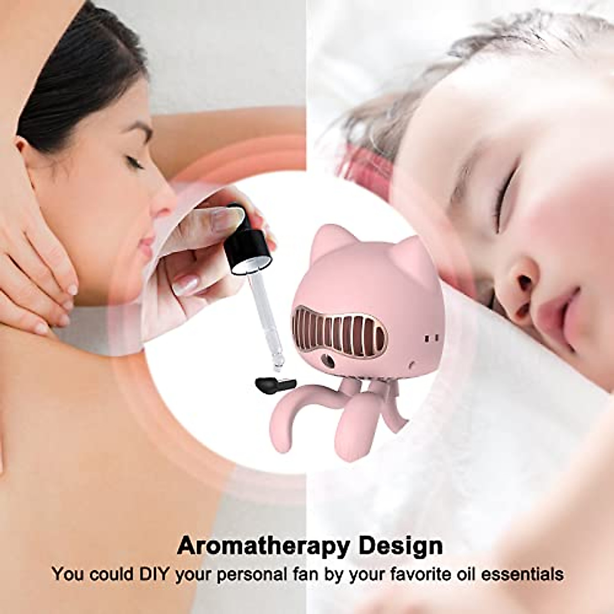 OverTwice Stroller Fan Bladeless/Desk/Handheld/Car Seat/USB with Aromatherapy Design, Small Mini Personal Portable Fan with Adjustable Lanyard and Flexible Tripod Clip, for Bed, Camping(Pink)