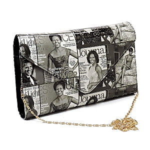JUNZUP Glossy Magazine Cover Collage Michelle Obama Printed Satchel Bag + Envelope Clutch + Wallet 3pcs Set (Grey/Bk)
